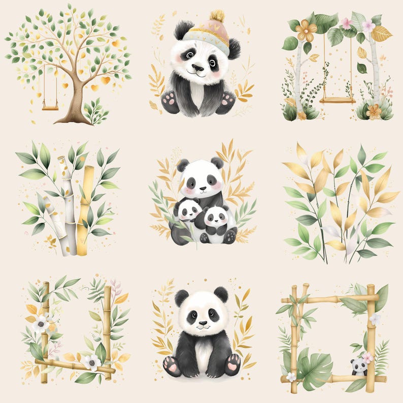 Baby Watercolor Panda Clipart Bundle – 32 PNG - Cute Panda Bears ...