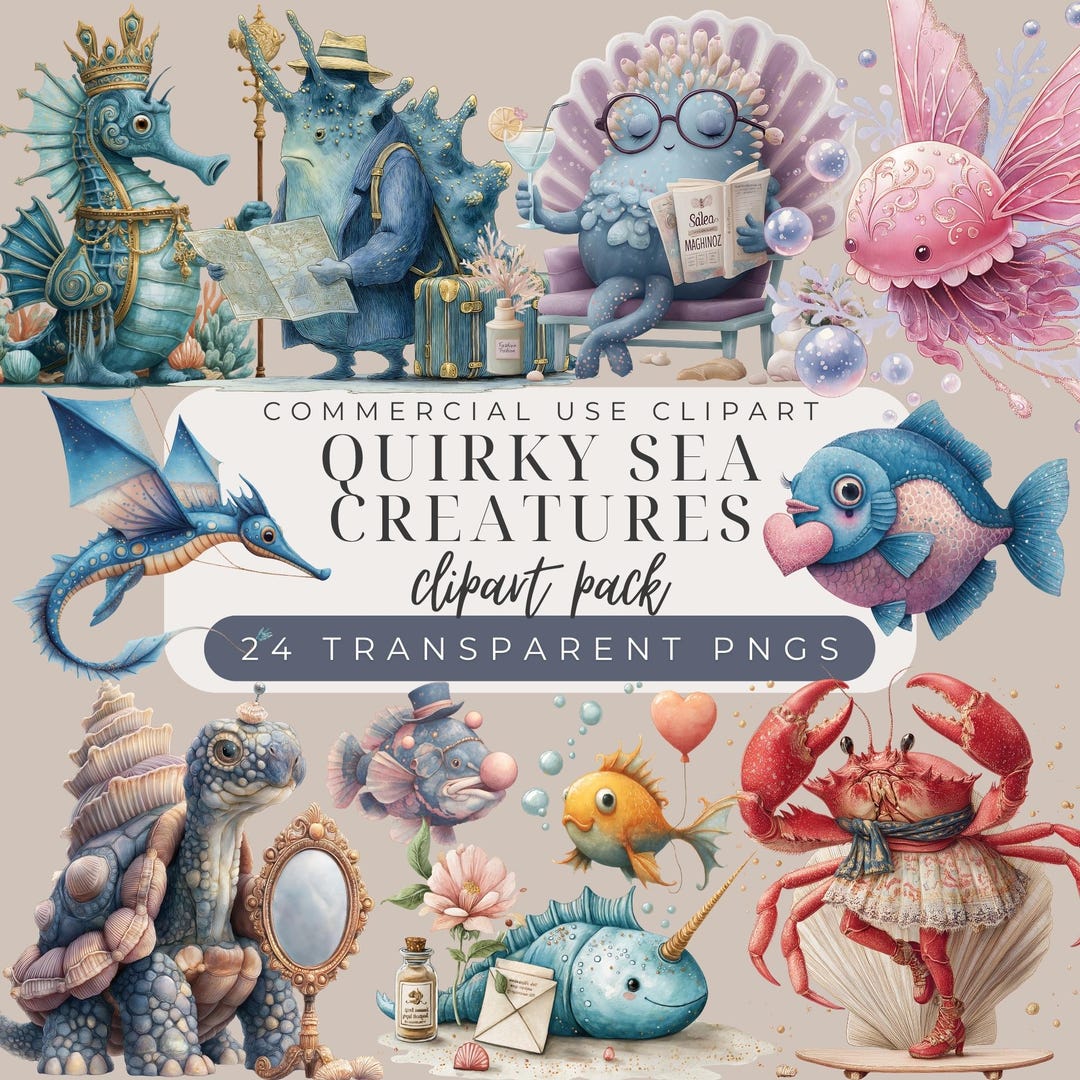 Whimsical Sea Creatures Clipart Set: Watercolor Ocean Animals (digital ...