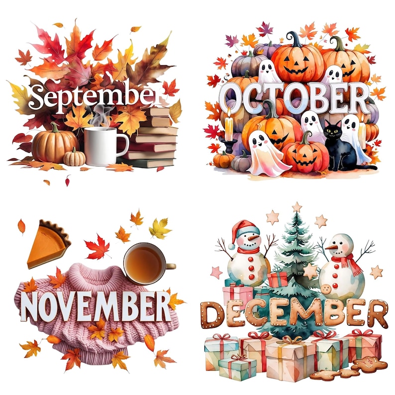 Watercolor Months of the Year Clipart: Seasonal Planner Stickers (PNG ...