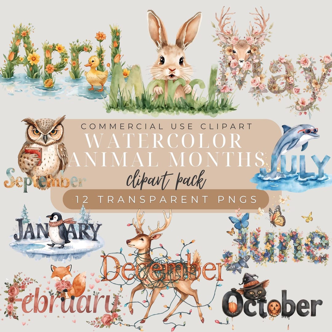 Watercolor Monthly Animals Clipart Pack – Year Calendar Letters Designs ...