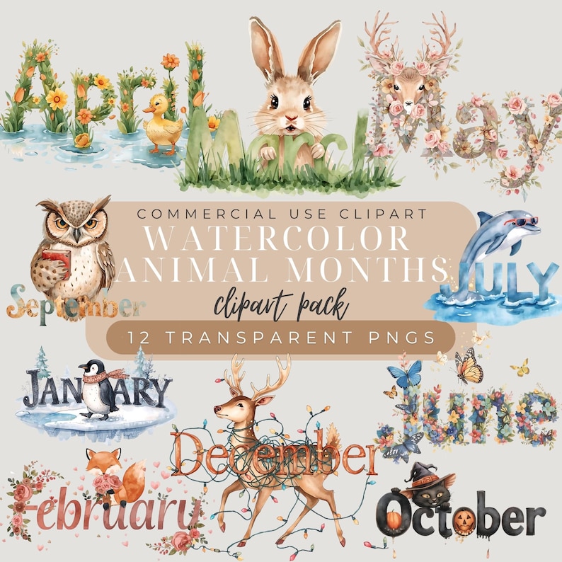 Watercolor Monthly Animals Clipart Pack – Year Calendar Letters Designs ...