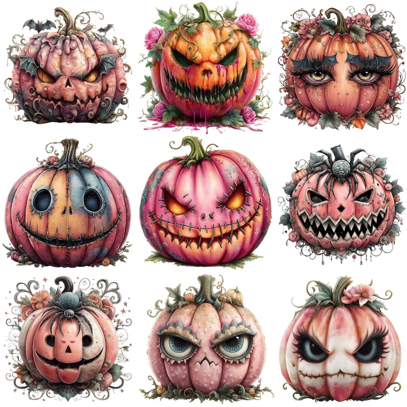 Spooky Halloween Pumpkin Clipart PNG Set , Whimsical Cute Creepy Faces ...