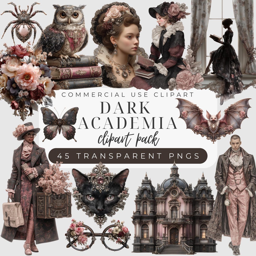 Dark Academia Clipart Pack, Gothic Vintage School PNG Illustrations, Victorian Digital Art ...