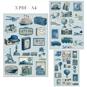 Vintage Travel Stickers Vacation PNG, Blue Watercolor Adventure Digital ...