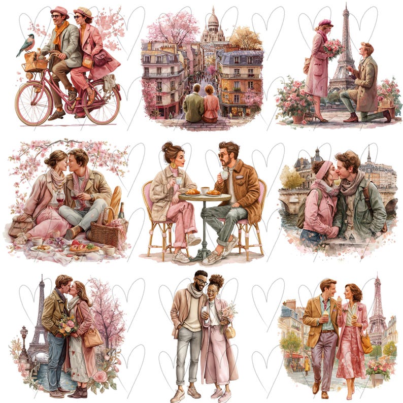Romantic Paris Clipart Bundle: Couples, Café Scenes & Eiffel Tower ...