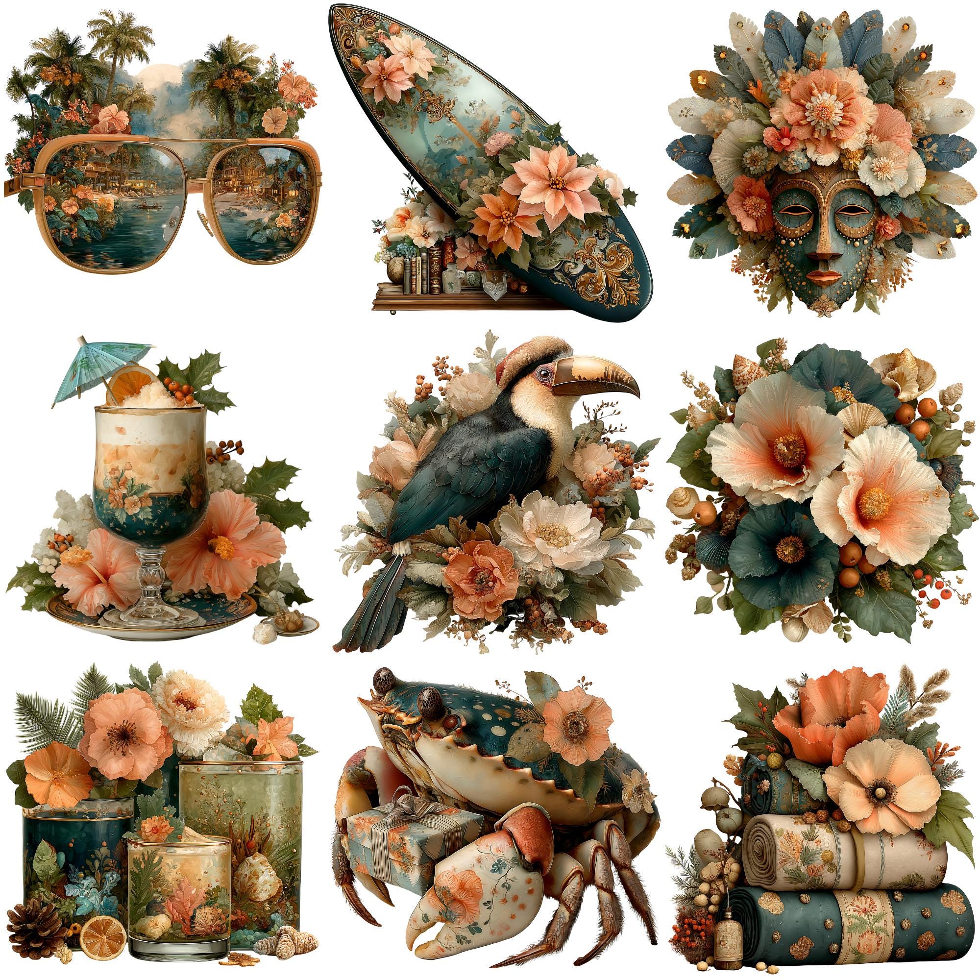 Tropical Christmas Clipart: Watercolor Beach Holiday Pngs (digital ...