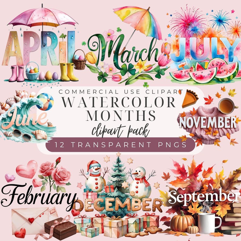 Watercolor Months of the Year Clipart: Seasonal Planner Stickers (PNG ...