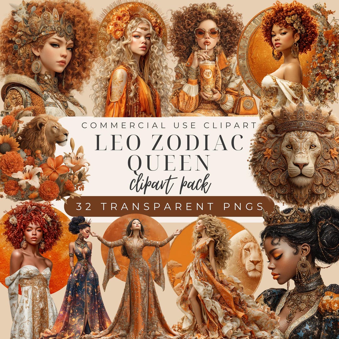 Leo Zodiac Queen Clipart: Golden Lion, Astrology Watercolor (32 Pngs ...