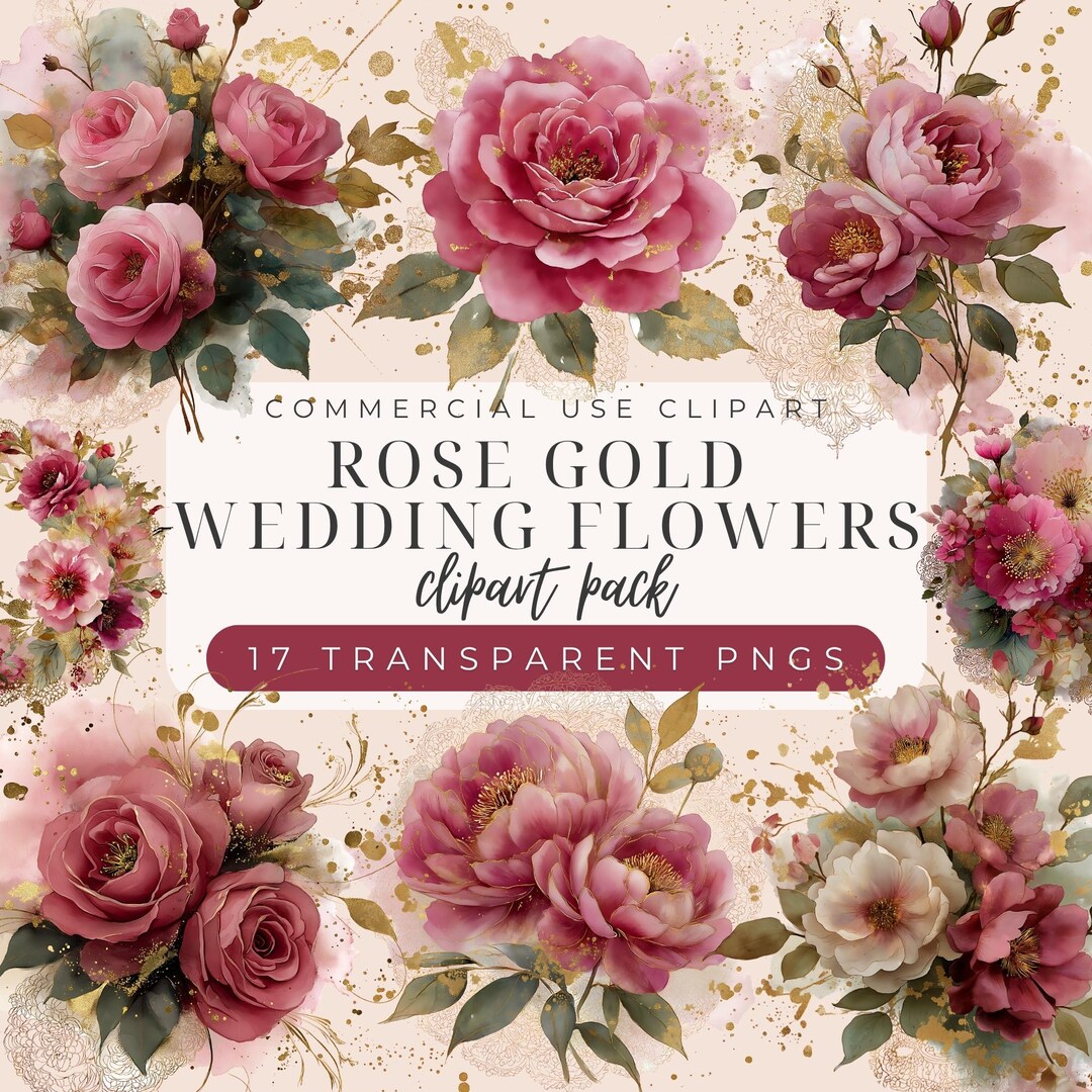 Watercolor Pink Rose Gold Floral Clipart – Wedding Flower PNG Set ...