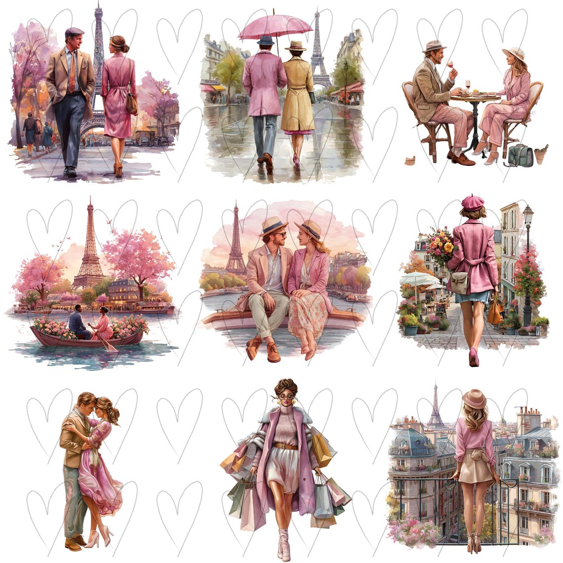 Romantic Paris Clipart Bundle: Couples, Café Scenes & Eiffel Tower ...
