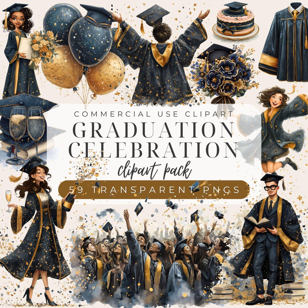 Watercolor Graduation Clipart Bundle: Class of 2025, Cap & Gown ...