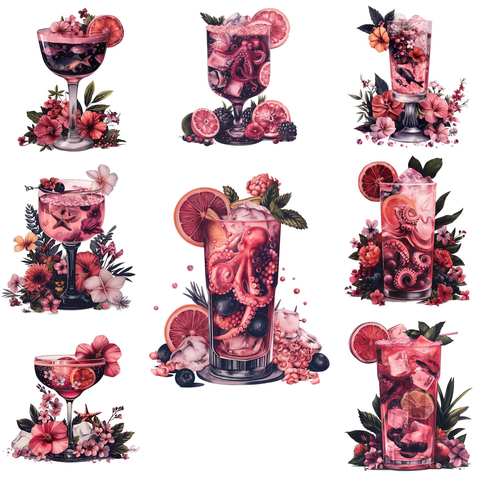 Surreal Fantasy Cocktail Clipart: Underwater Sea Drinks With Animals ...