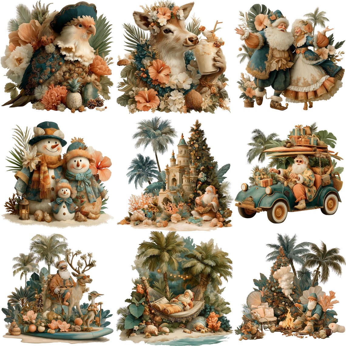 Tropical Christmas Clipart: Watercolor Beach Holiday Pngs (digital ...