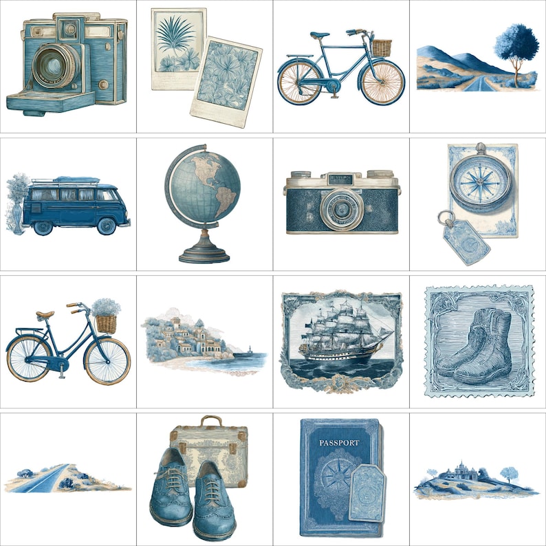 Vintage Travel Stickers Vacation PNG, Blue Watercolor Adventure Digital ...
