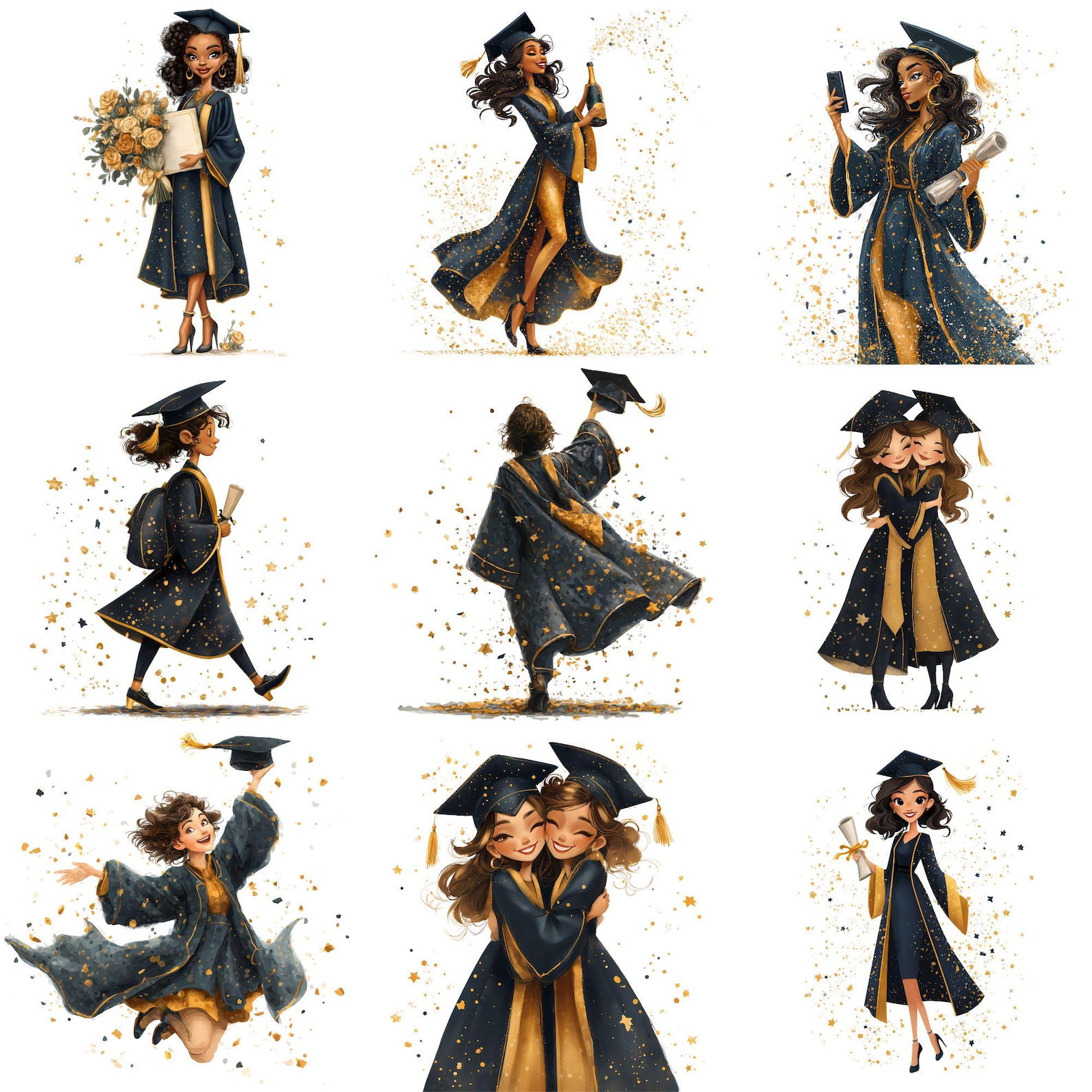 Watercolor Graduation Clipart Bundle: Class of 2025, Cap & Gown ...