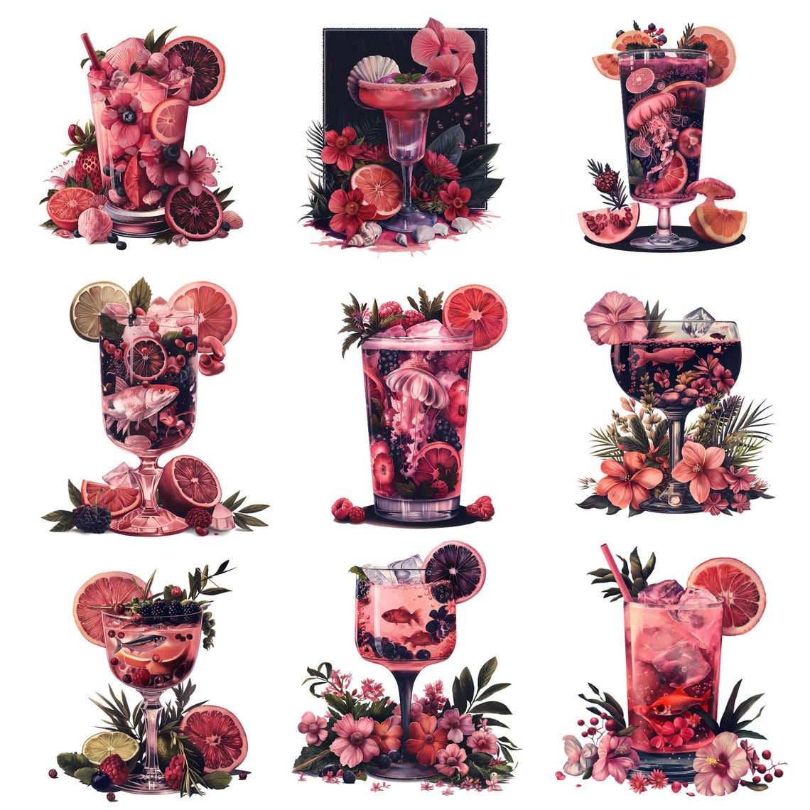 Surreal Fantasy Cocktail Clipart: Underwater Sea Drinks With Animals ...