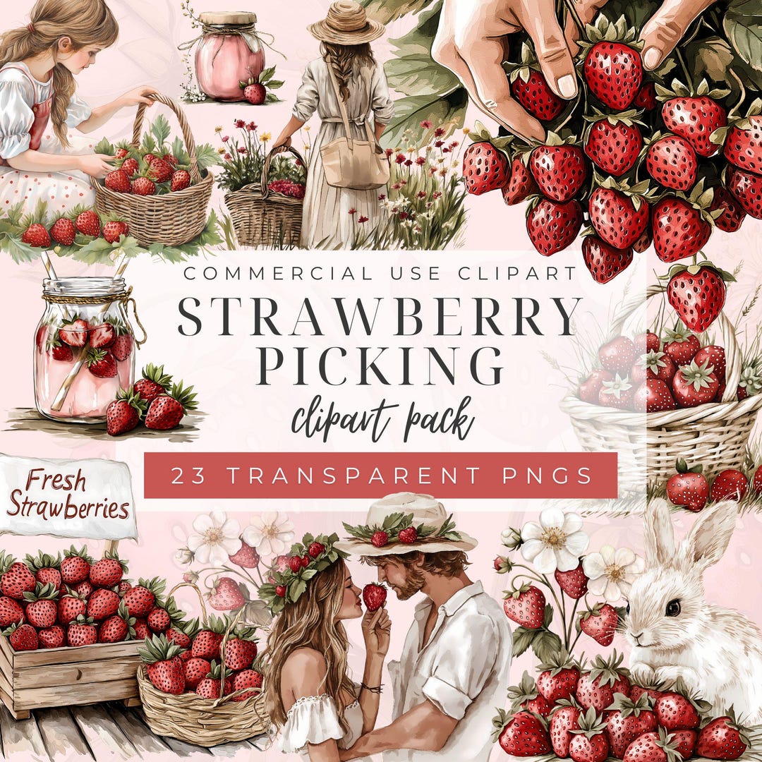 Watercolor Strawberry Harvest Clipart Pack: Boho Spring Garden, Love ...