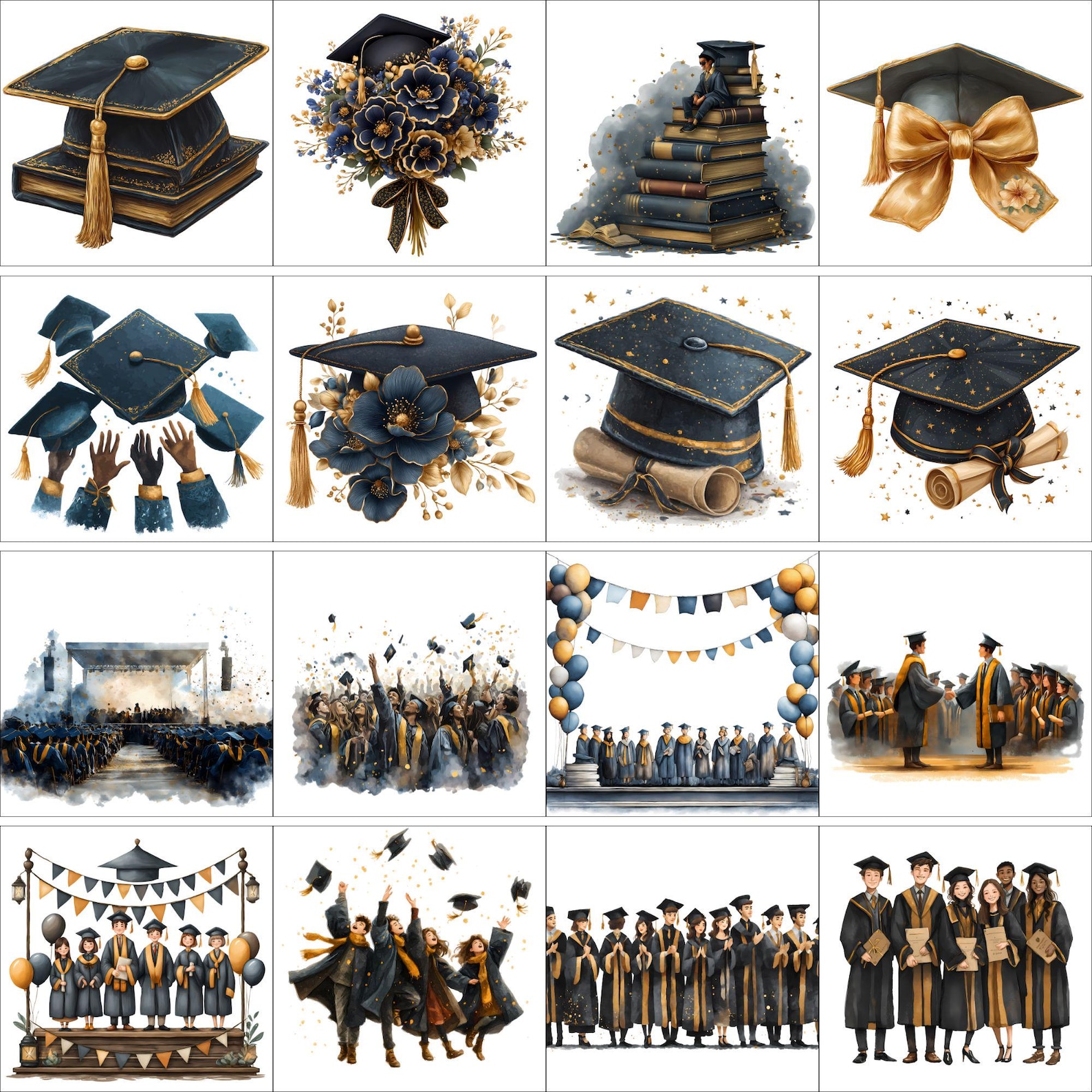 Watercolor Graduation Clipart Bundle: Class of 2025, Cap & Gown ...
