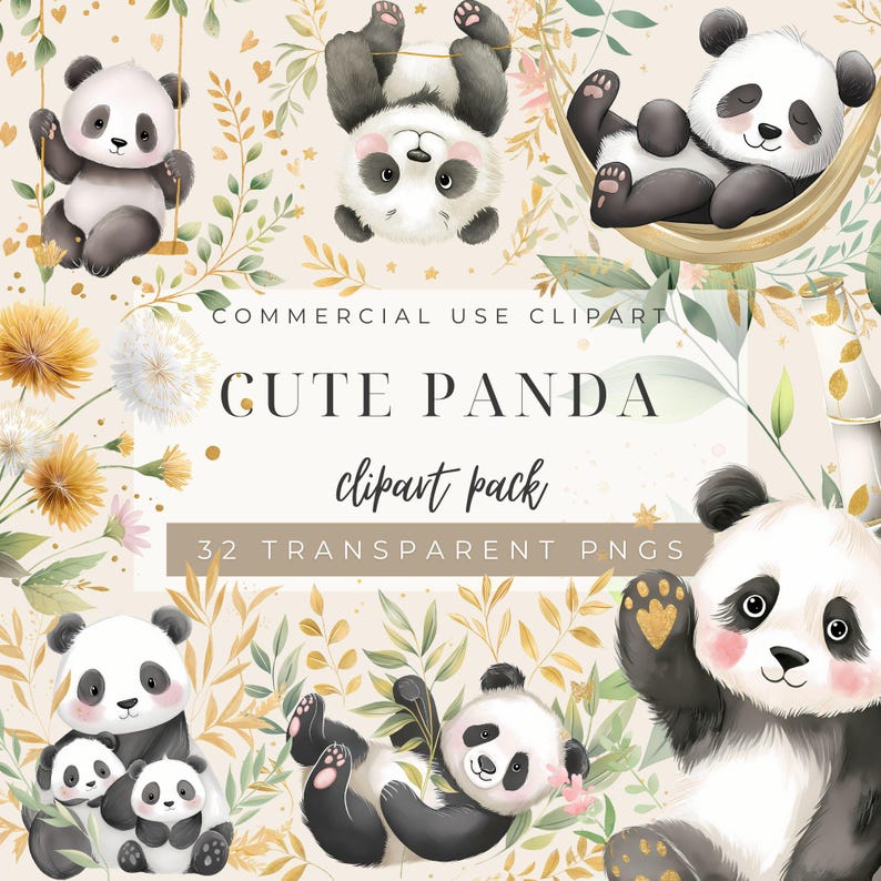 Baby Watercolor Panda Clipart Bundle – 32 PNG - Cute Panda Bears ...