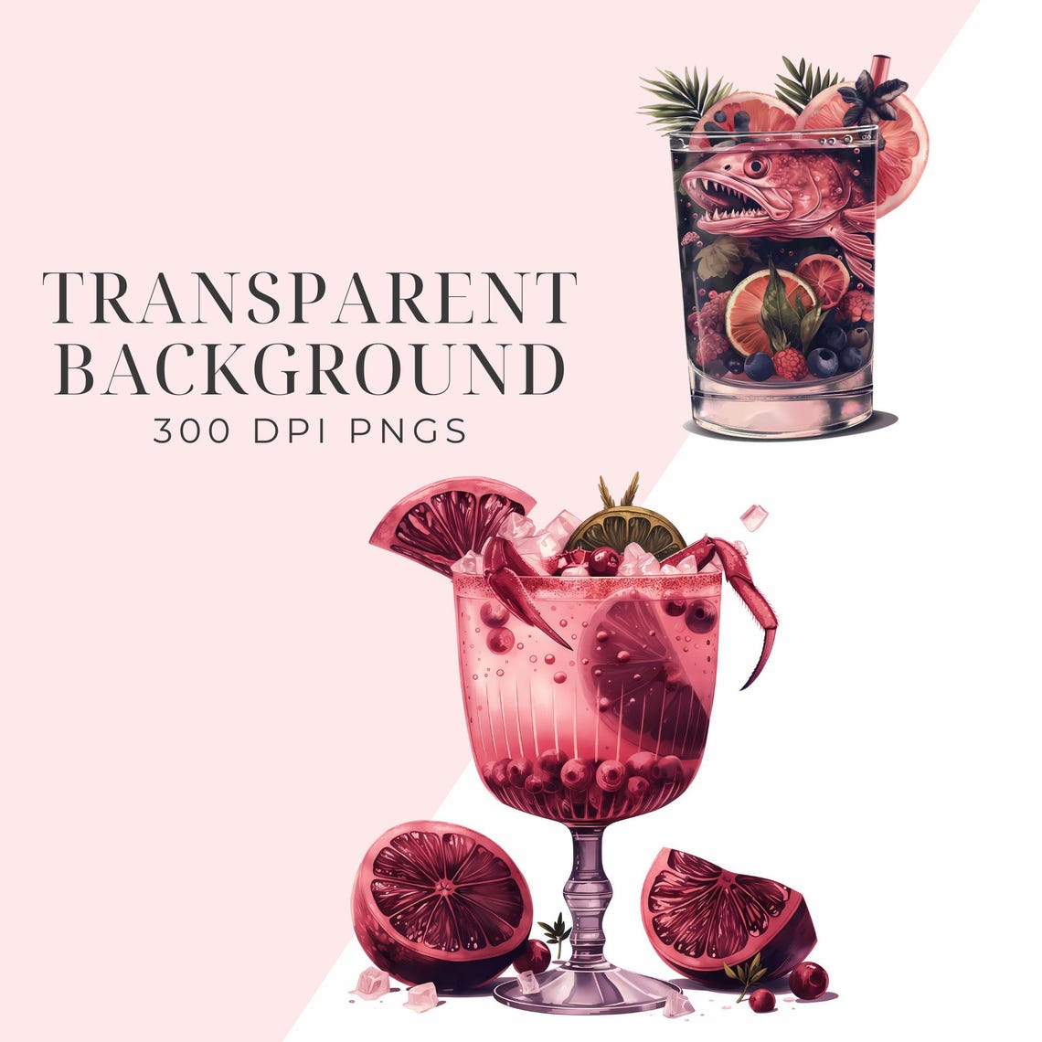 Surreal Fantasy Cocktail Clipart: Underwater Sea Drinks With Animals ...