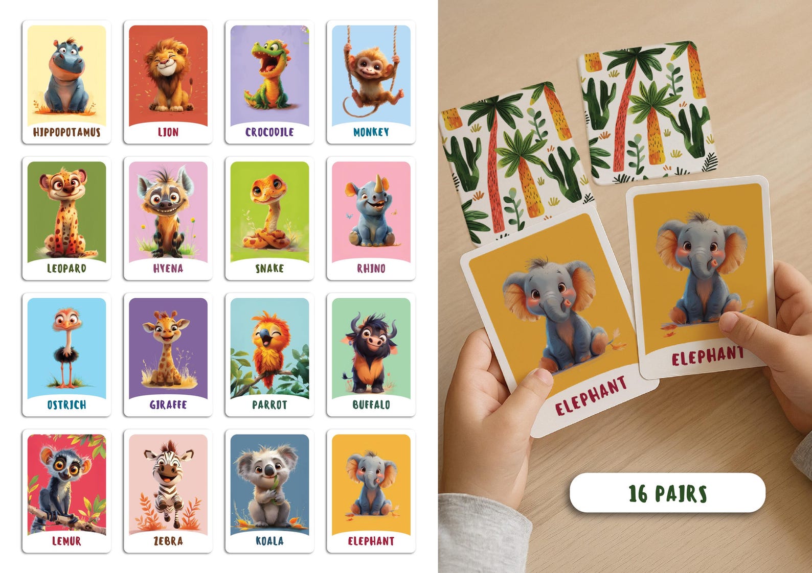 African Safari Memory Game for Kids | 16 Animal Matching Cards ...