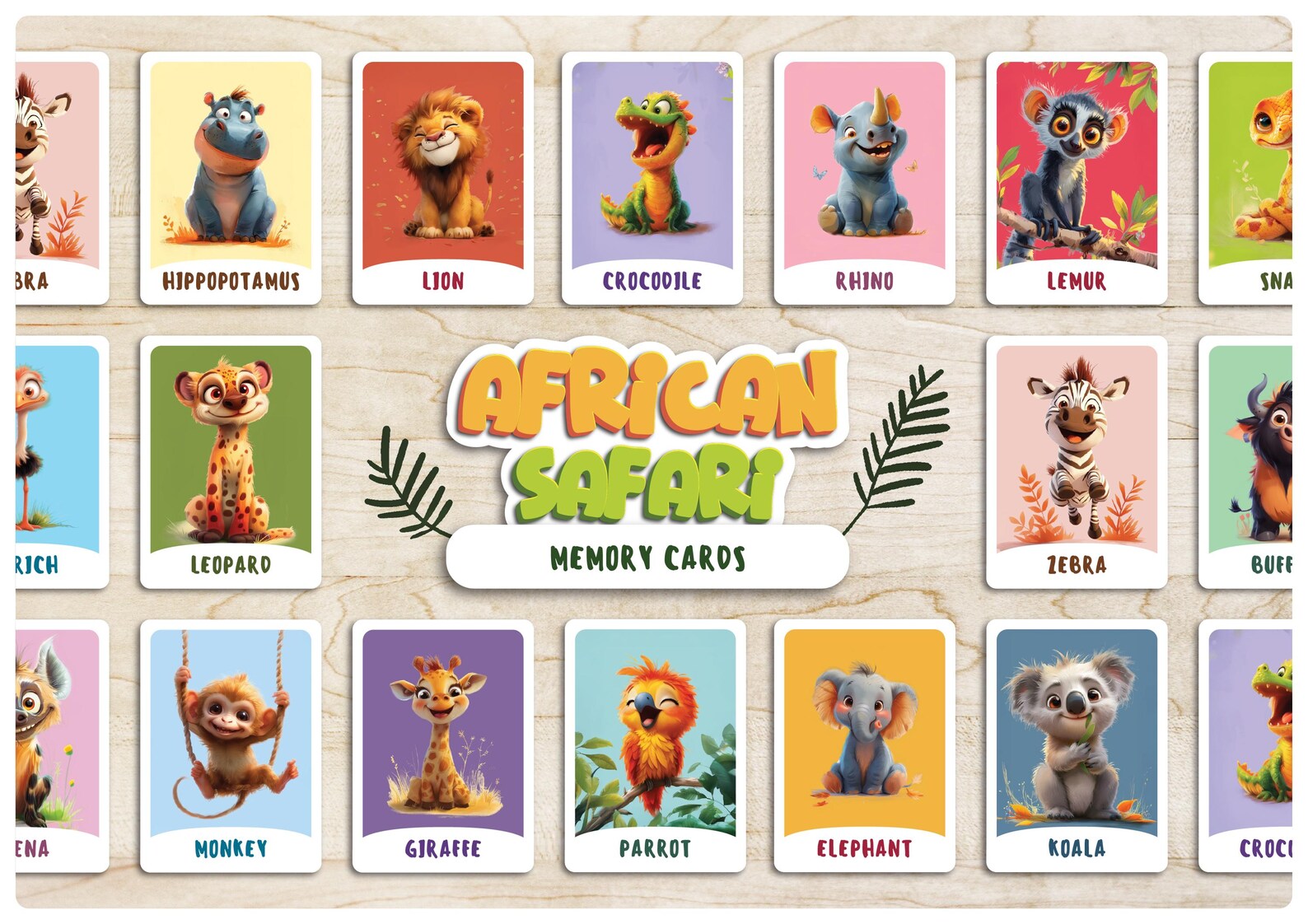 African Safari Memory Game for Kids | 16 Animal Matching Cards ...