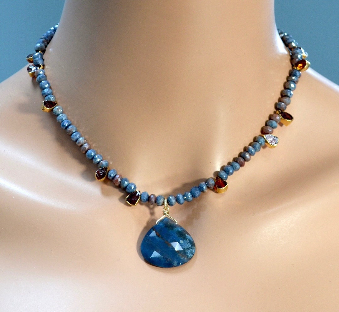 LP 1518 Blue Trollite, Garnet Necklace, Mystic Ferrous Blue Quartz, 18K ...