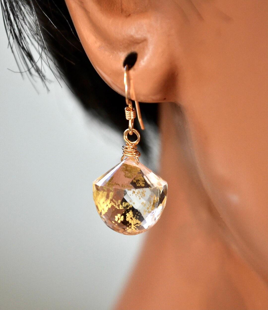 LP 24K Gold Foil Embedded in Crystal Quartz Acorn Drop Wedding Bridal ...