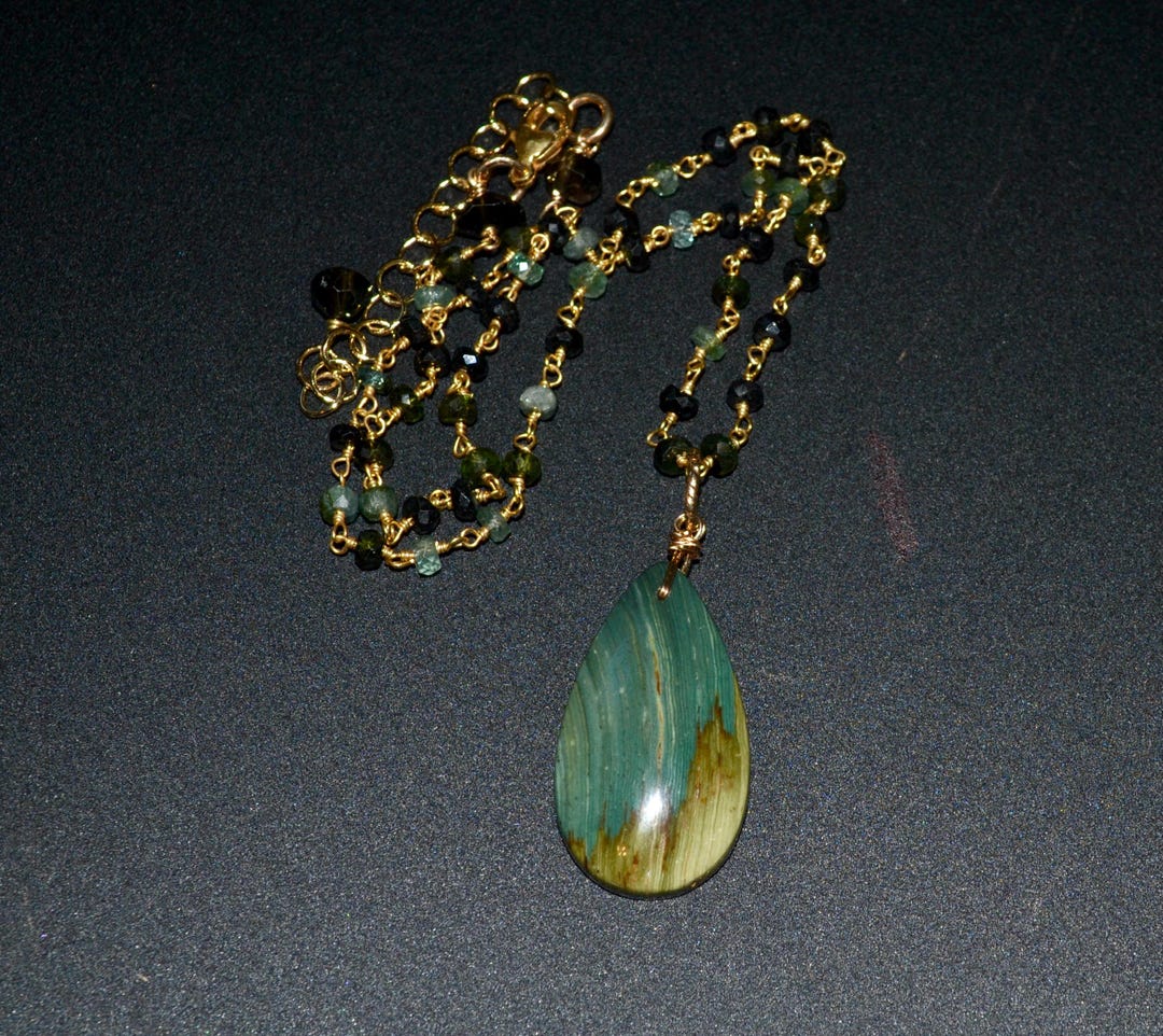 LP 2288 Gary Green Jasper Bog Wood Necklace, Tourmaline Vermeil Chain ...