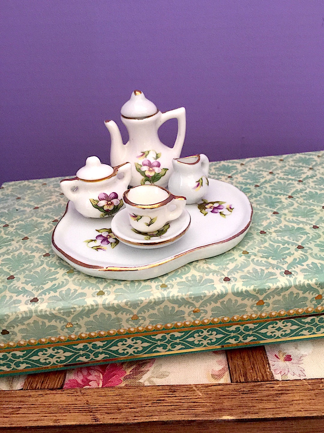 Vintage Miniature Tea Set Pansies Design for 8-10 Inch Dolls 7 Pieces ...