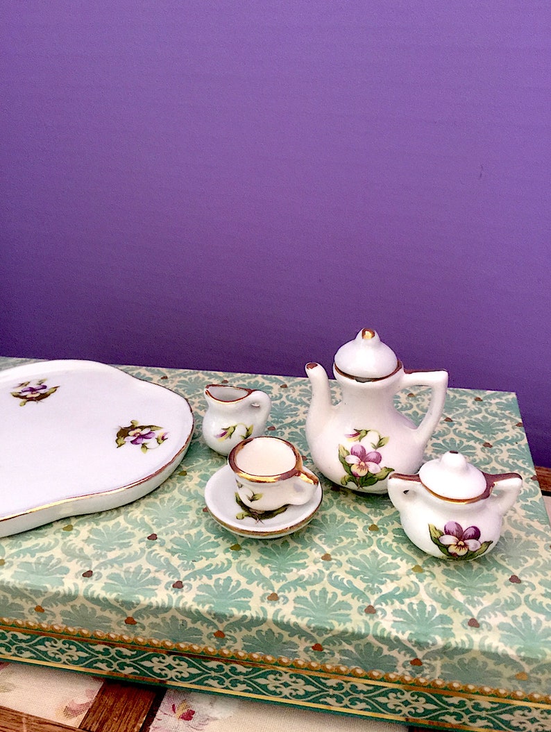 Vintage Miniature Tea Set Pansies Design for 8-10 Inch Dolls 7 Pieces ...