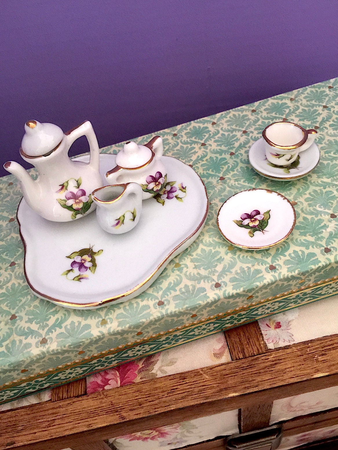 Vintage Miniature Tea Set Pansies Design for 8-10 Inch Dolls 7 Pieces ...