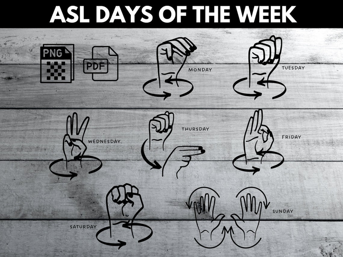 Days of the Week ASL | Instant Download Pngs | PDF Sign Language - Etsy