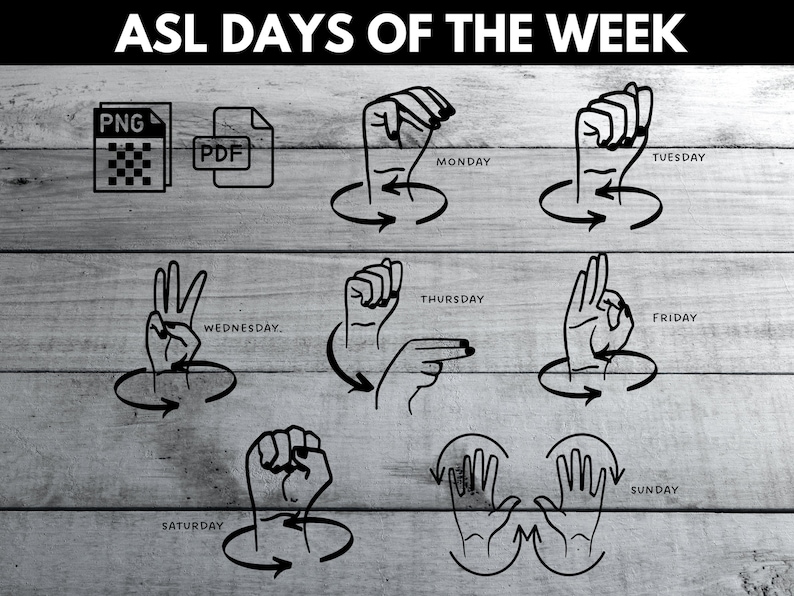 Days of the Week ASL | Instant Download Pngs | PDF Sign Language - Etsy