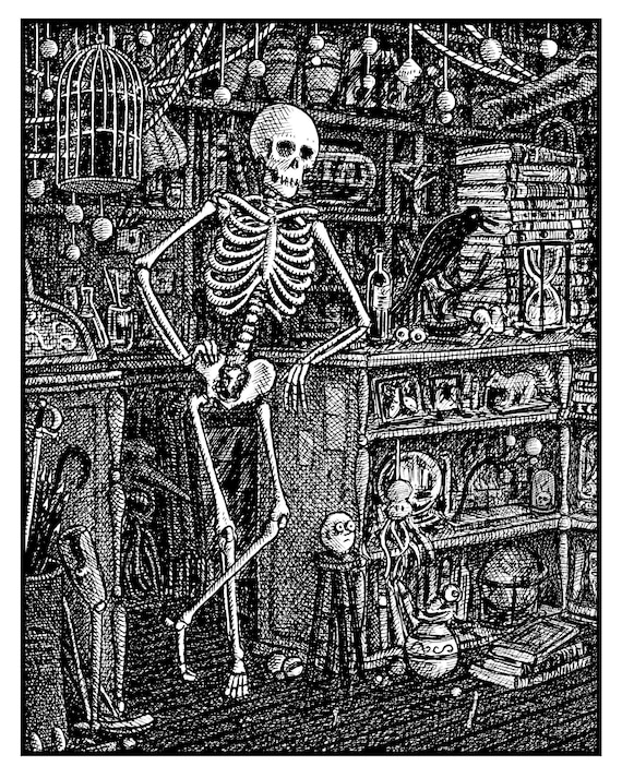 Skeleton Shopkeeper Mortals' Market Art Print - Etsy