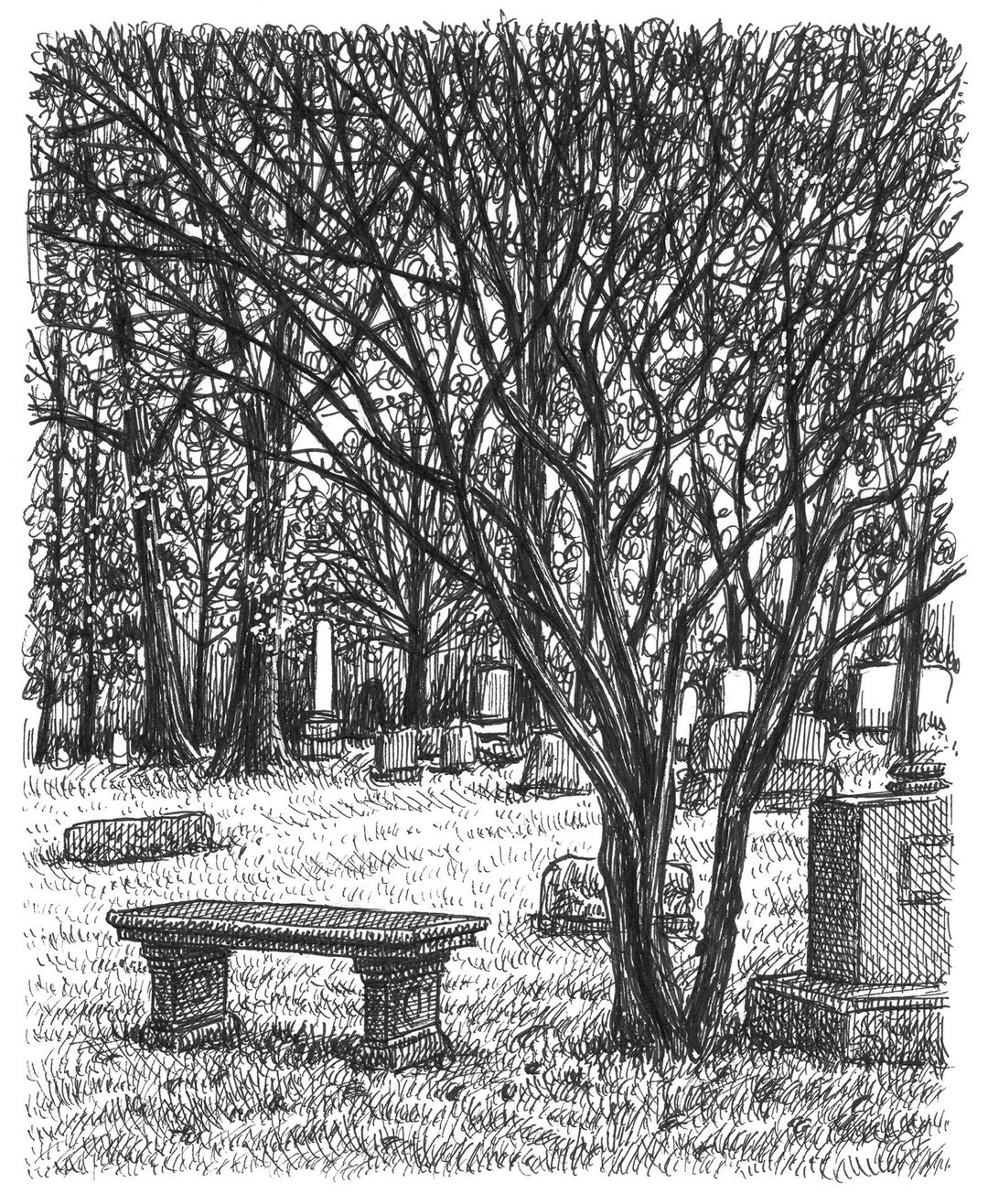 Cemetery Bench, Original Cemetery Drawing - Etsy