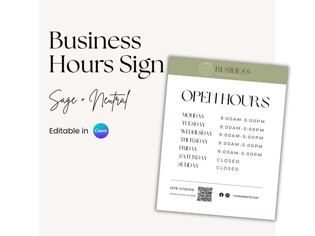 Editable Open Hours Sign Canva Template: Printable Store Hours (digital ...