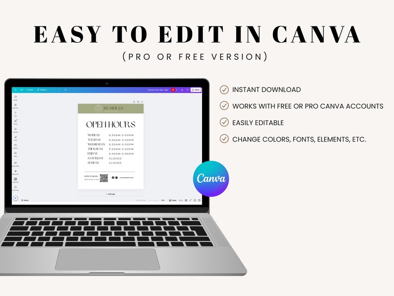 Editable Open Hours Sign Canva Template: Printable Store Hours (digital ...