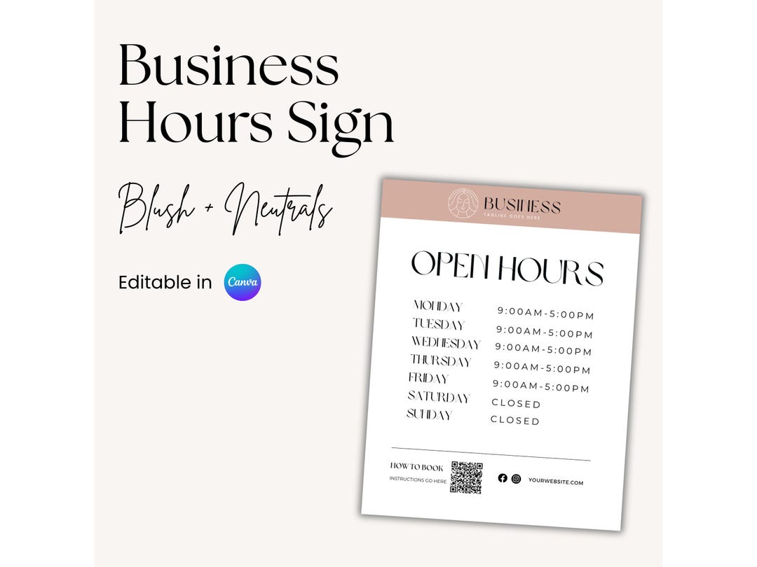 Open Hours Sign Canva Template, Editable Business Hours Sign, Salon ...