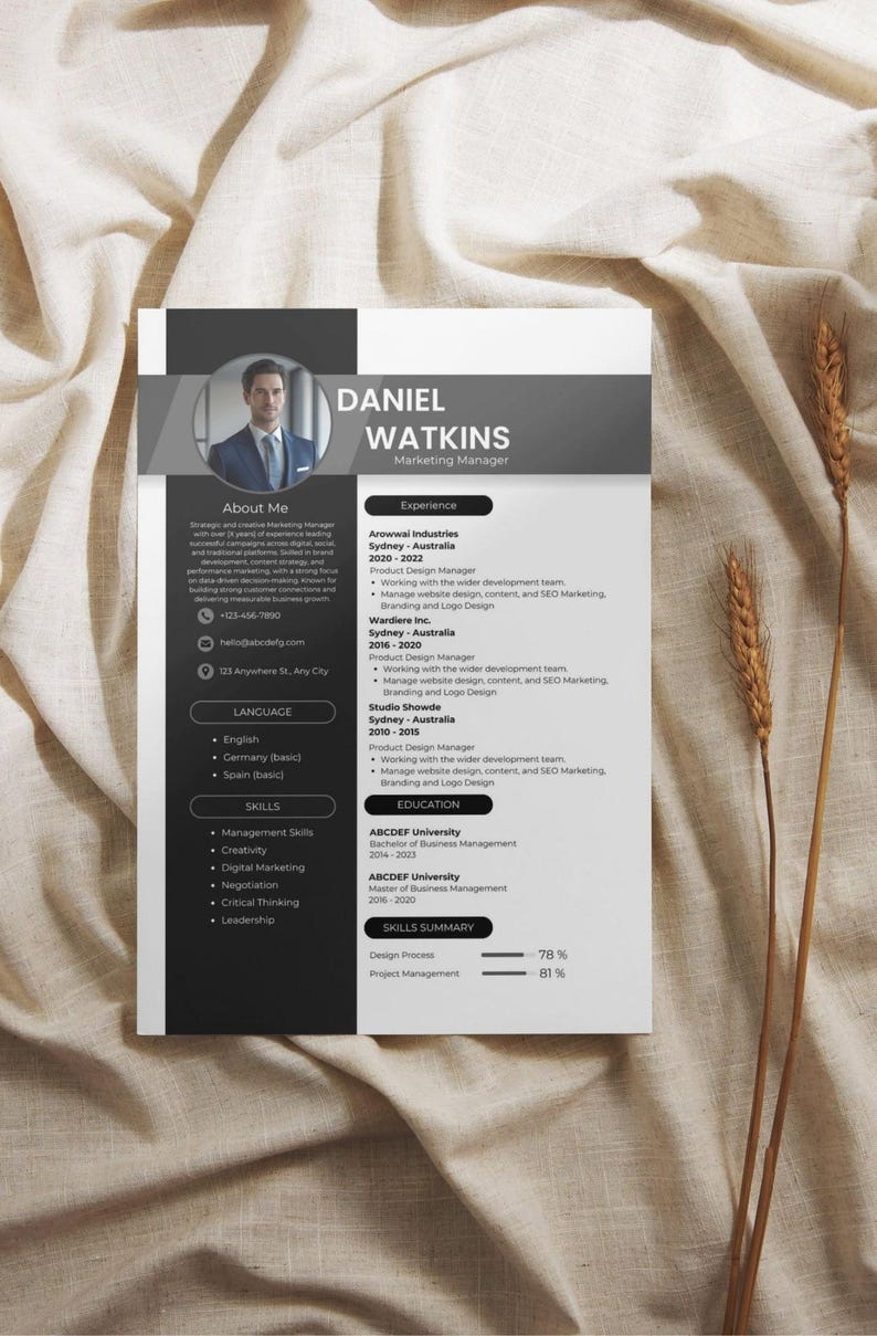Modern Black Grey White CV Template | Minimalist Canva Resume ...