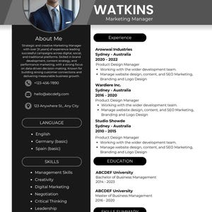 Modern Black Grey White CV Template | Minimalist Canva Resume ...