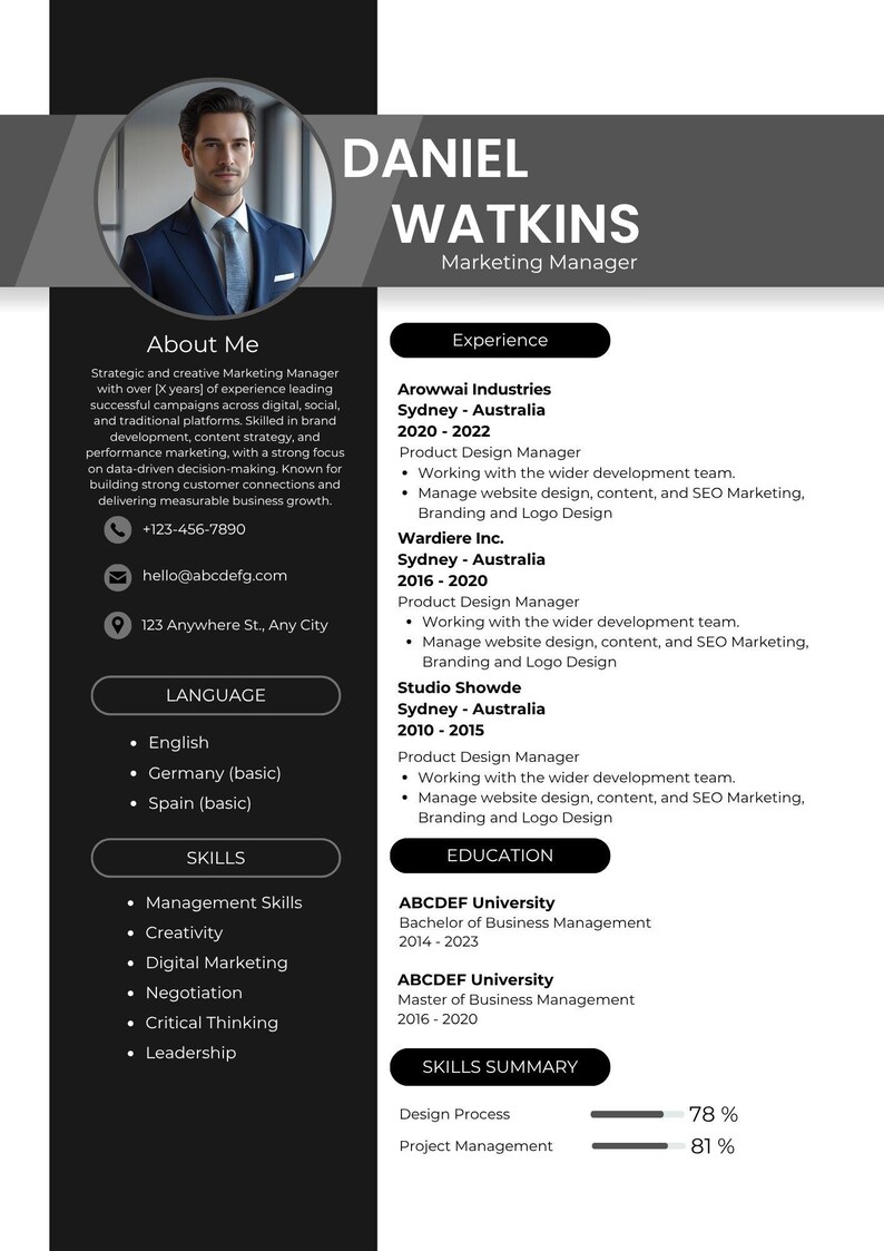 Modern Black Grey White CV Template | Minimalist Canva Resume ...