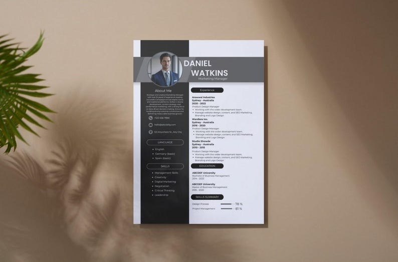 Modern Black Grey White CV Template | Minimalist Canva Resume ...