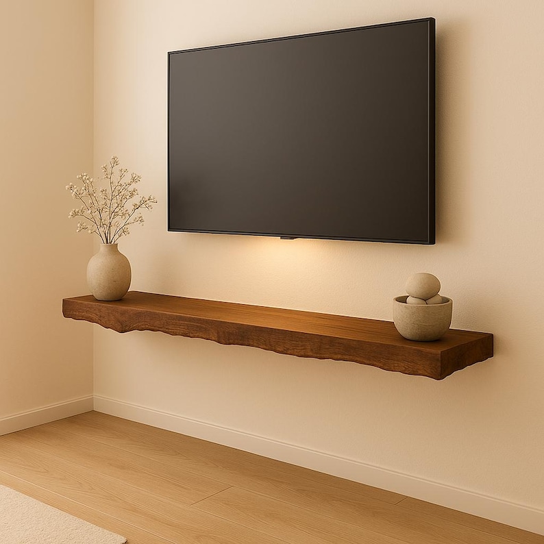 Natural Wood Floating TV Shelf, Modern Live Edge Walnut Floating Shelf ...