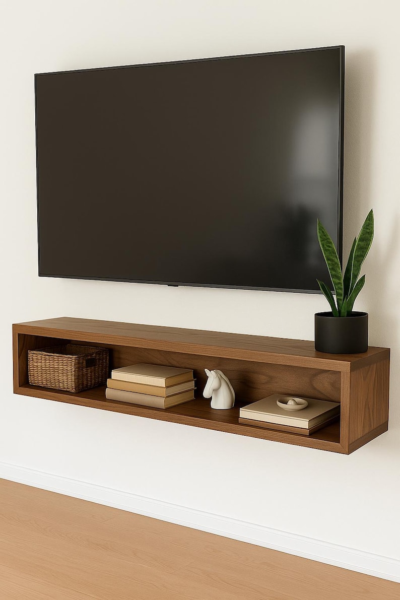 Floating TV Console | Solid Wood Wall Mounted Media Shelf | Walnut ...
