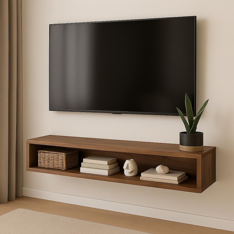Floating TV Console | Solid Wood Wall Mounted Media Shelf | Walnut Entertainment Center | Modern ...