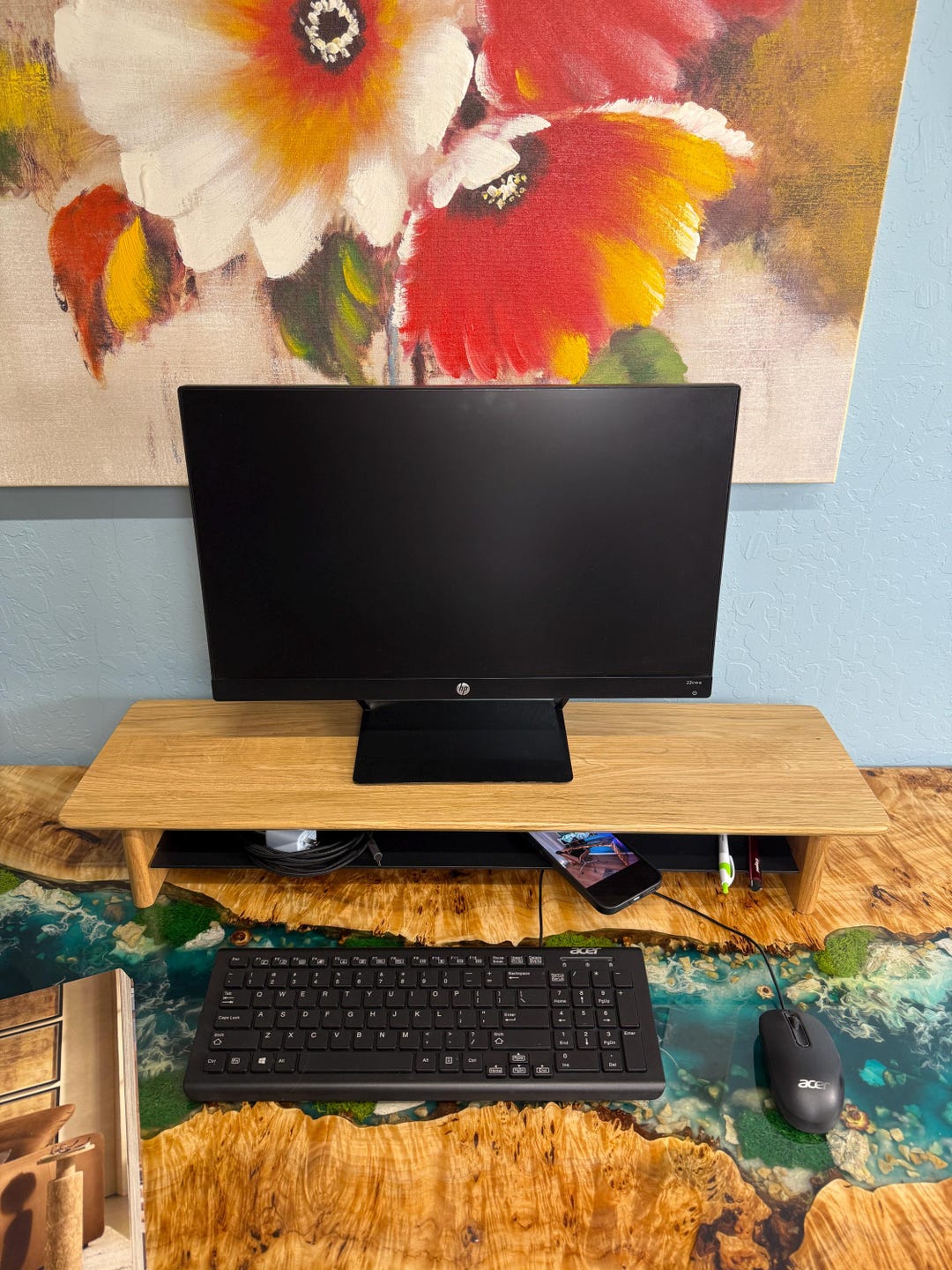 Wood Desk Monitor Stand With Storage - Custom Monitor Riser Shelf, Home ...