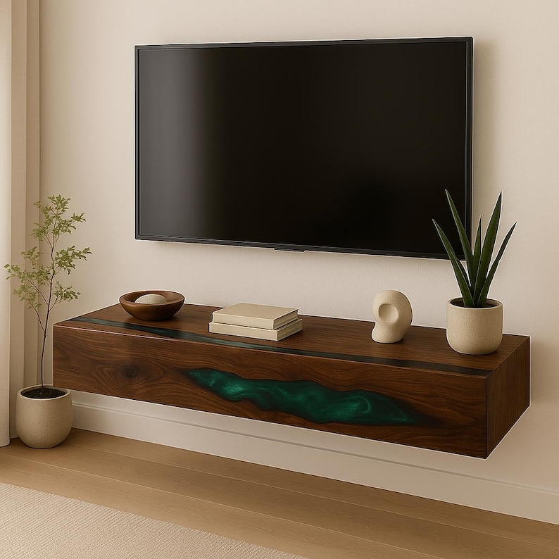 Walnut Floating TV Console With Red Epoxy River, Modern Media Shelf ...