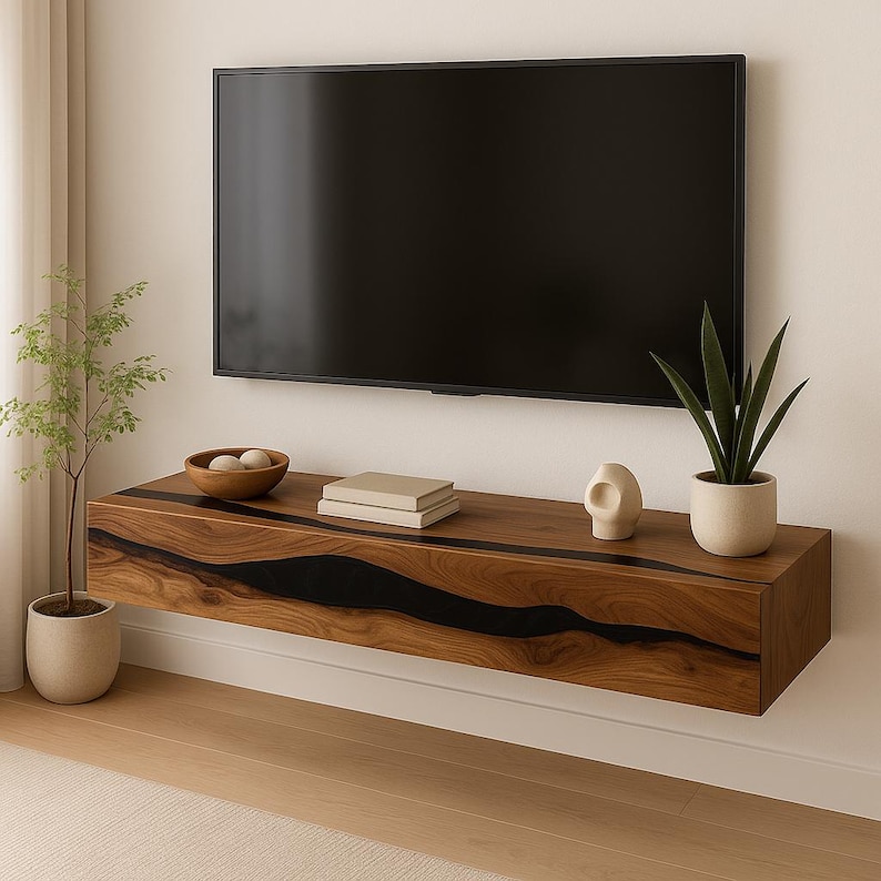 Floating Epoxy TV Console, Wall Mounted Walnut Media Shelf, Modern Wood ...