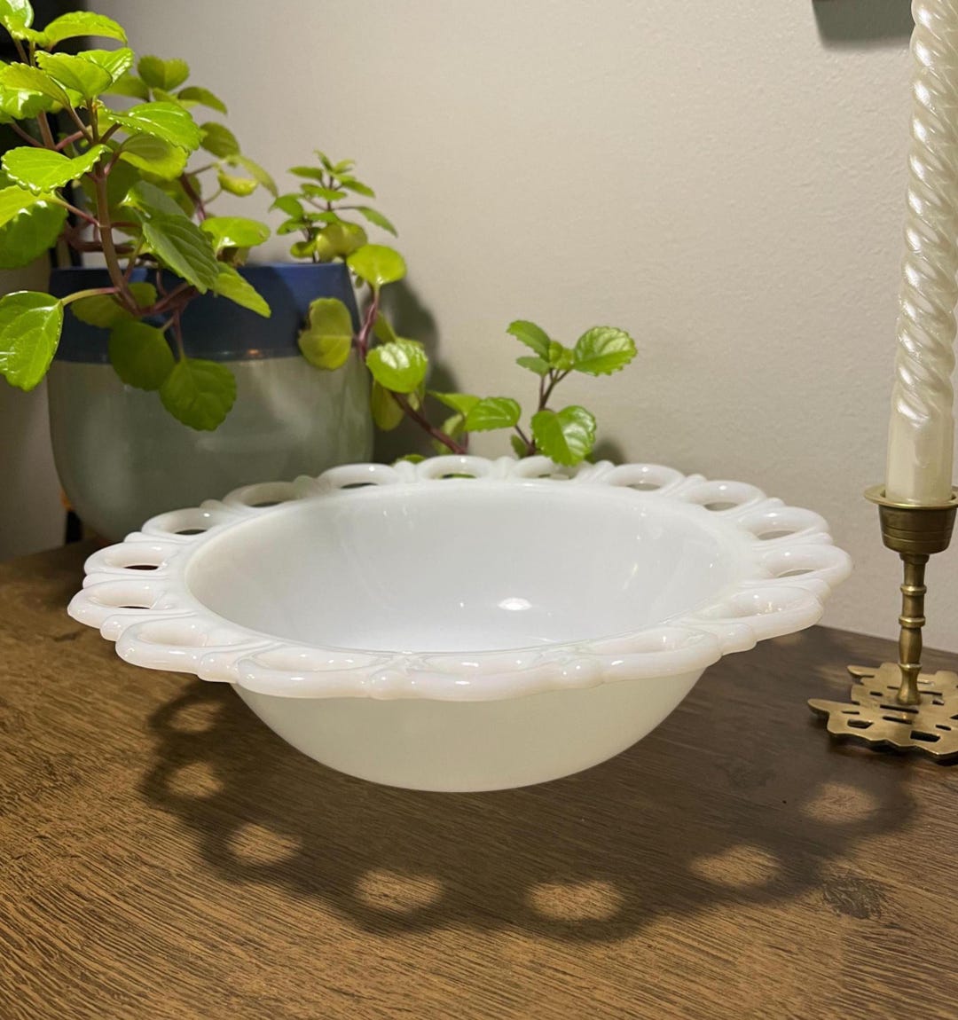 Vintage Anchor Hocking Old Colony Milk Glass Bowl – Open Lace Edge – 9. ...